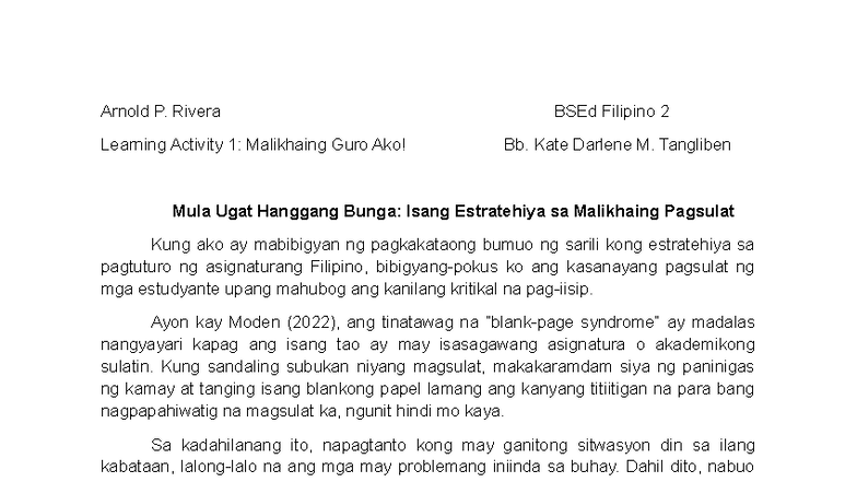 BSEd Filipino 2: Estratehiya sa Malikhaing Pagsulat - Studocu