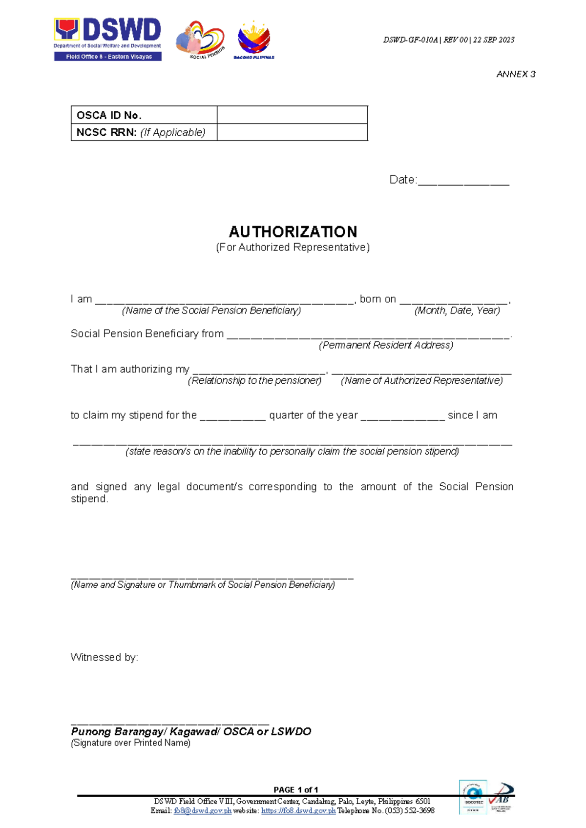 Annex 3 - Authorization Form for Social Pension Beneficiary - Studocu