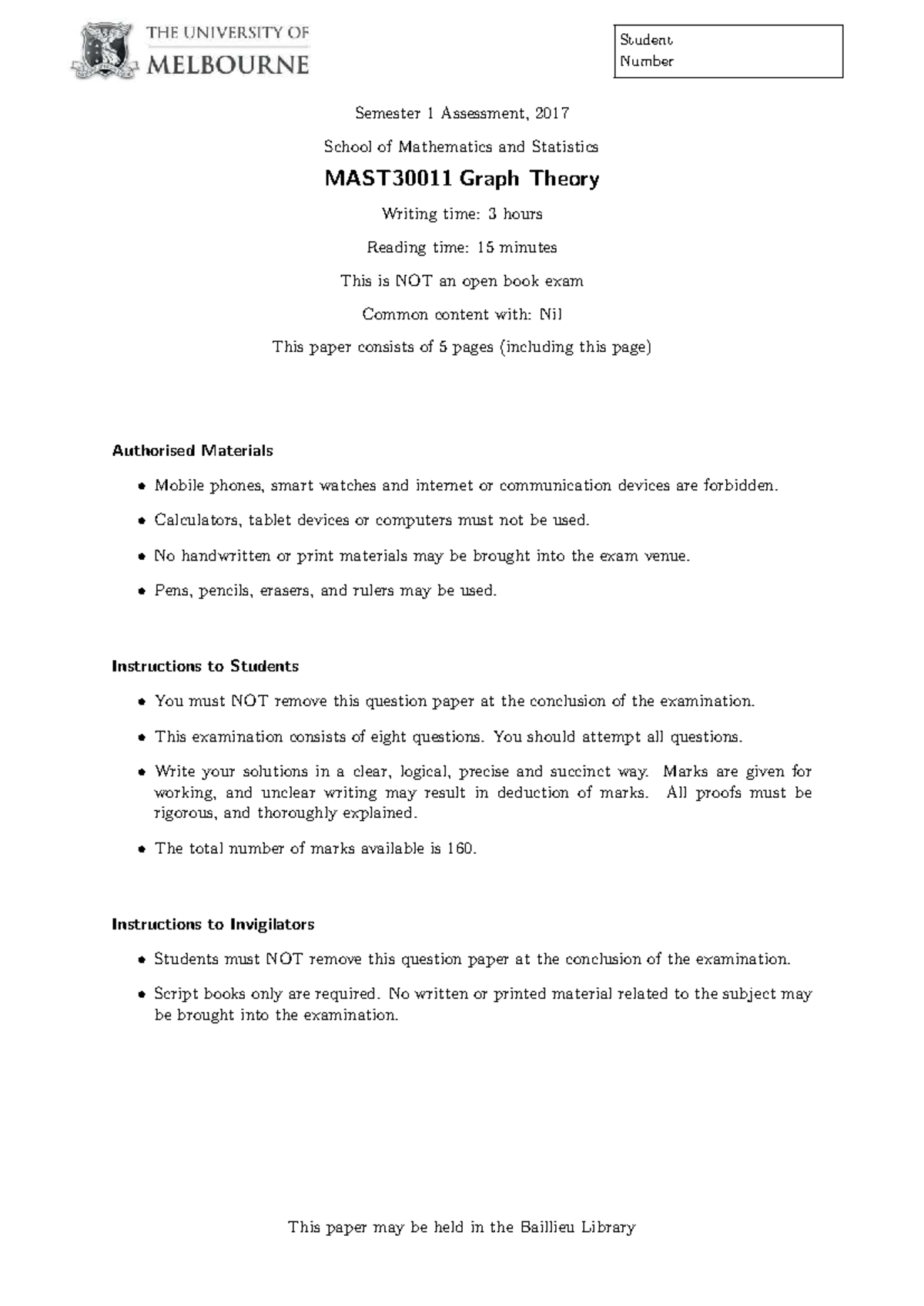 Exam MAST30011 Semester 1, 2017: Graph Theory Assessment - Studocu