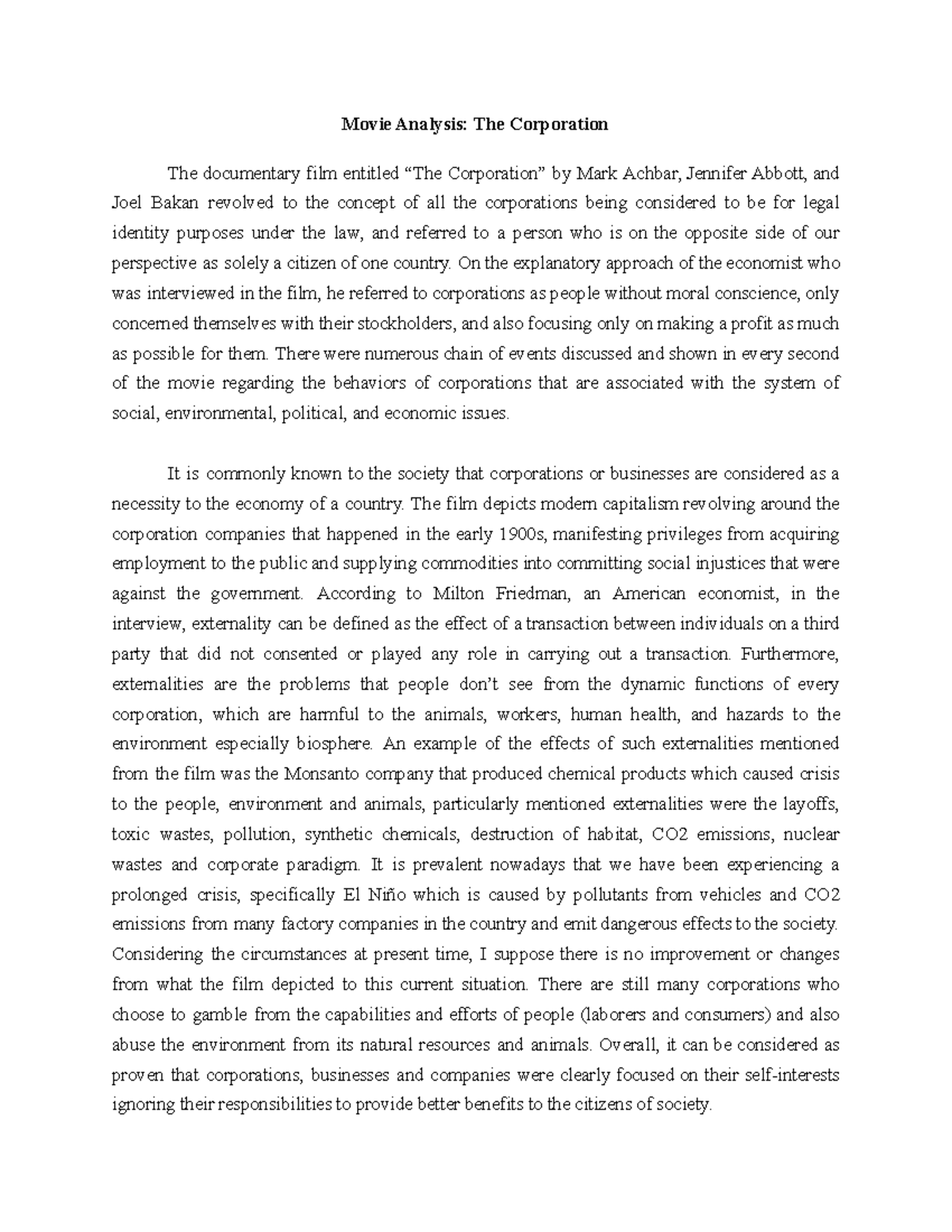 The Corporation Movie Analysis - Movie Analysis: The Corporation The ...