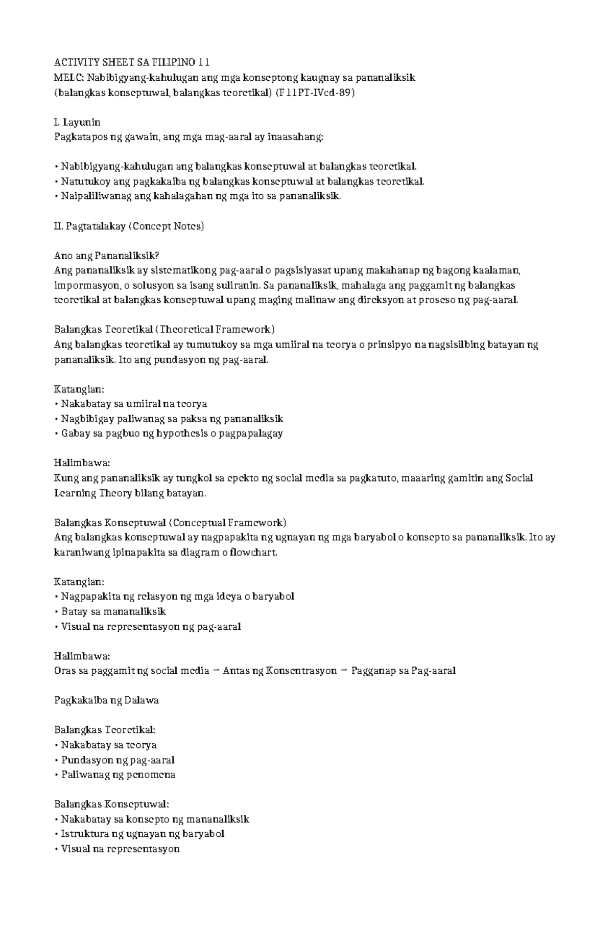 Activity Sheet: Balangkas Teoretikal at Konseptuwal sa Filipino 11 MELC ...