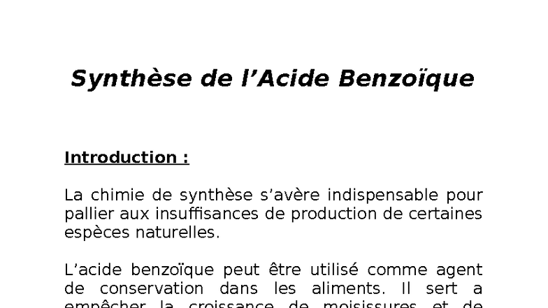 Synthèse de l'Acide Benzoïque : Techniques et Applications - Studocu