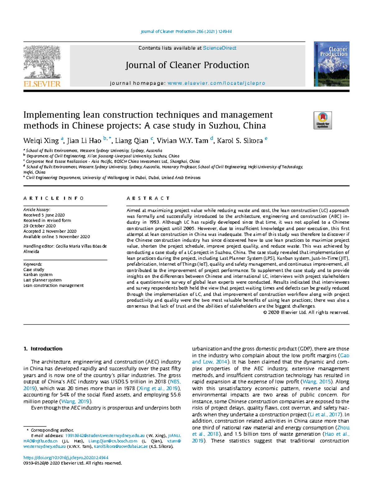 Implementing Lean Construction Techniques in Chinese AEC Projects: A ...