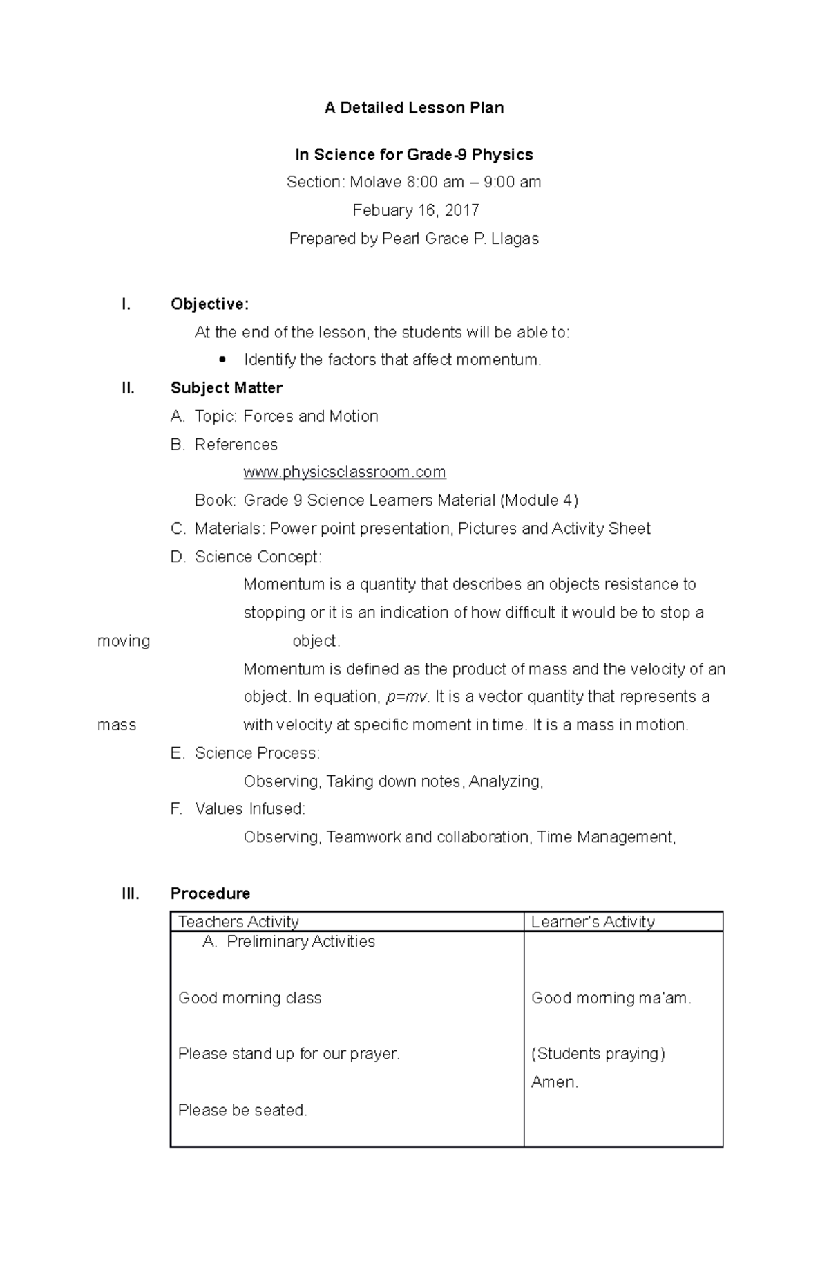 Grade 9 Physics Lesson Plan: Understanding Momentum Factors - Studocu