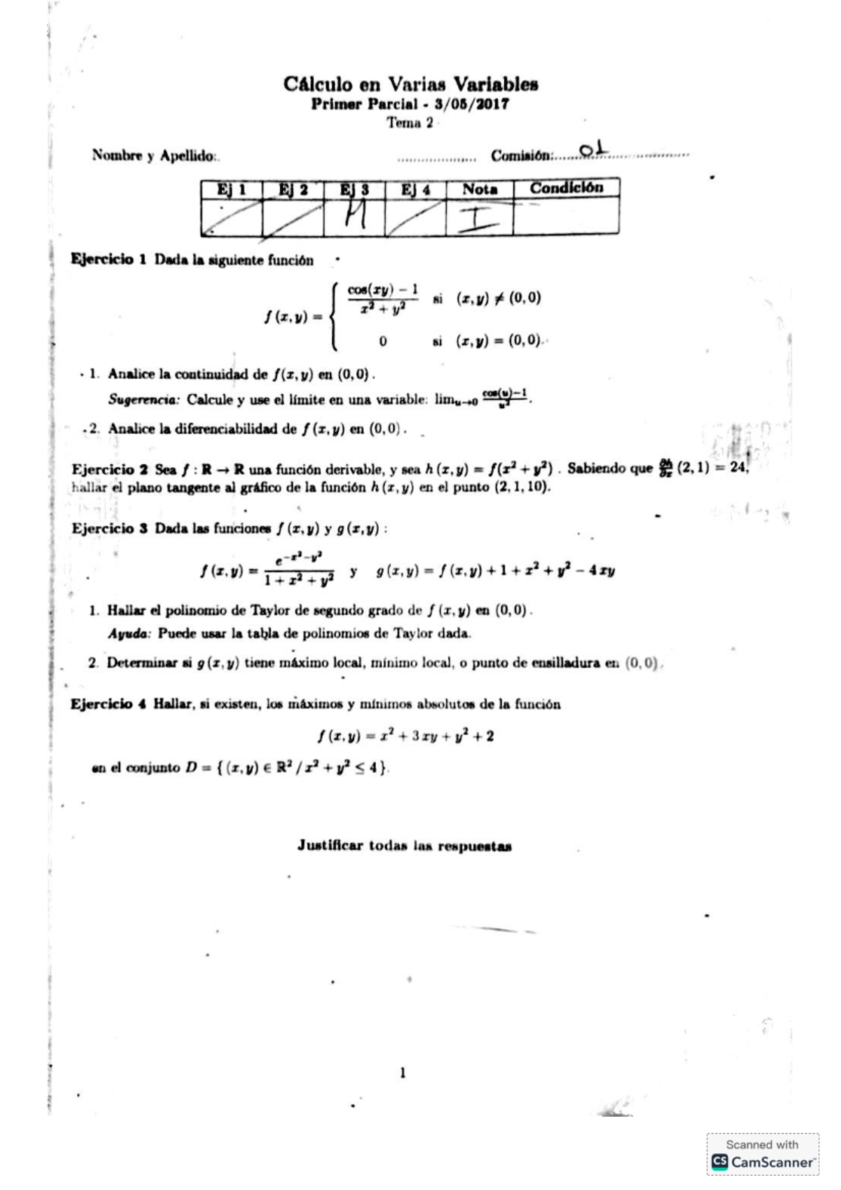 Cálculo en Varias Variables: Primer Parcial - Ejercicios y Análisis ...
