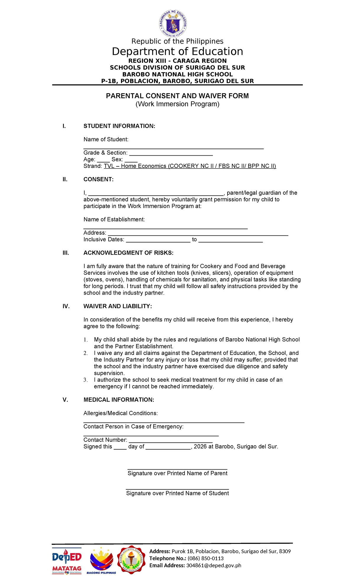 WORK Immersion Program Parent Consent Form (TVL Cookery NC II) - Studocu