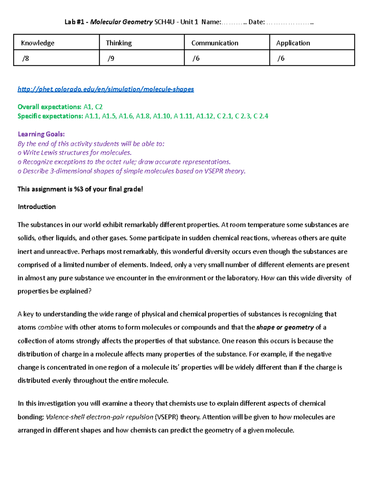 U1-Lab #1: Exploring VSEPR Theory & Molecular Geometry in SCH4U - Studocu
