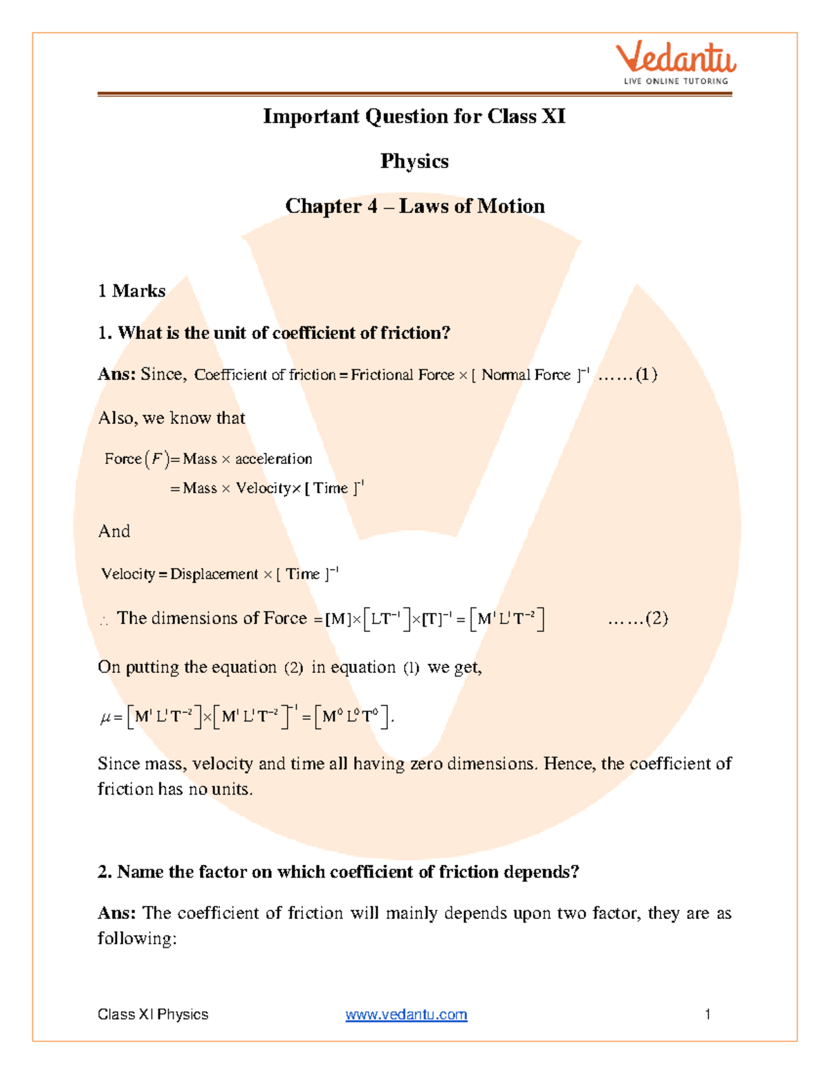 CBSE Class 11 Physics Chapter 4 - Laws of Motion Important Questions ...