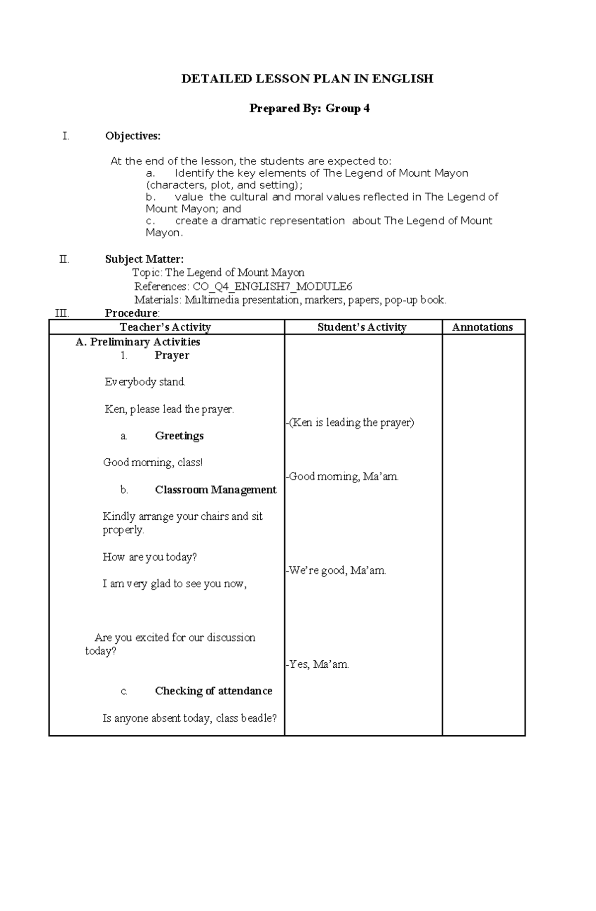 Detailed Lesson Plan: The Legend of Mount Mayon (ENG7) - Studocu