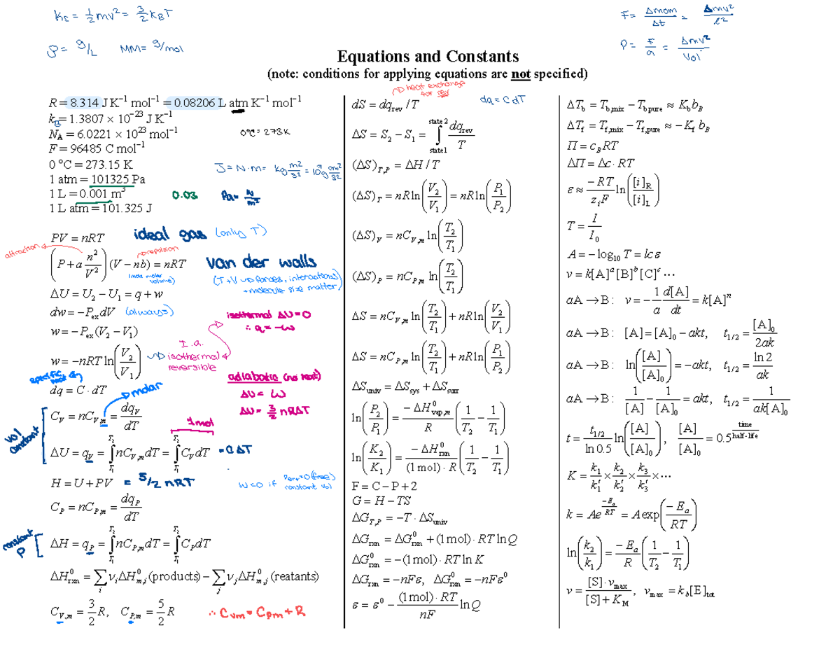 Formula Sheet for Chem 205: Equations and Constants - Studocu
