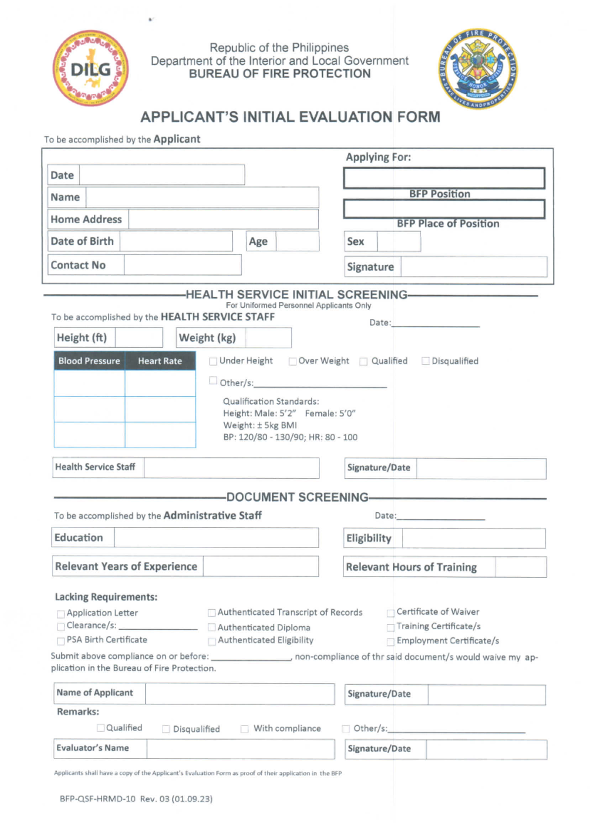 BFP Initial Evaluation Form for Applicant Screening (Rev. 03, 01.09.23) - Studocu
