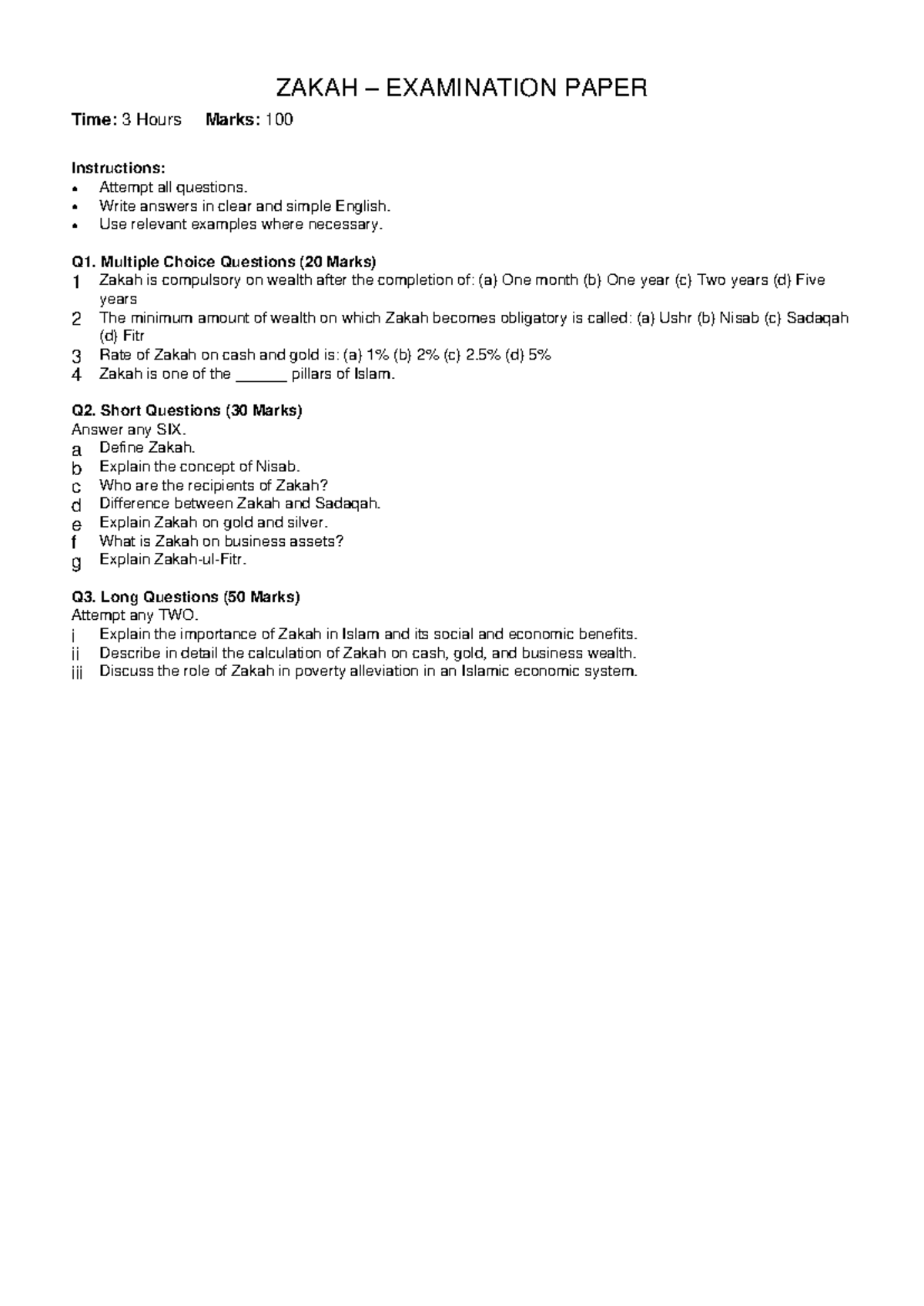 ZAKAH 101: Final Exam Paper - 3 Hours, 100 Marks - Studocu