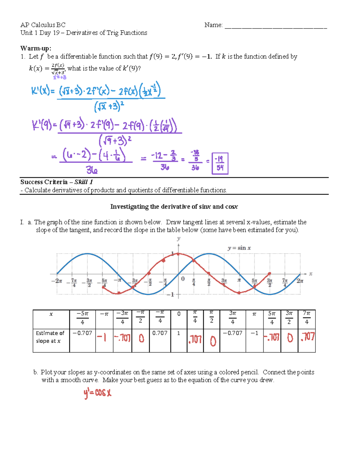 AP Calculus BC Unit 1 Day 19: Derivatives of Trig Functions - Studocu