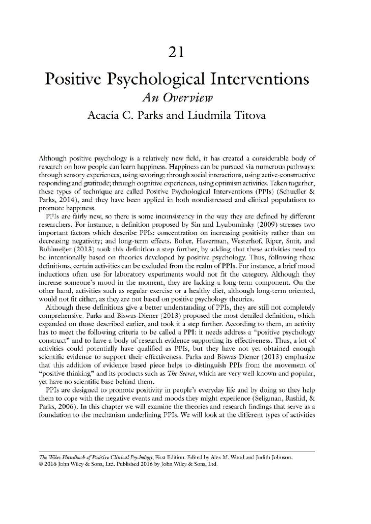 Positive Psychological Interventions (PPIs): An Overview by Parks ...