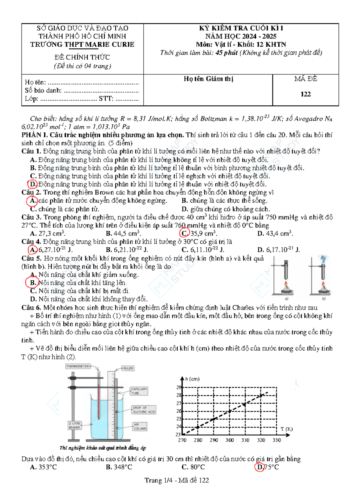 Đề Kiểm Tra Cuối Kì I Môn Vật Lí - Khối 12 KHTN - THPT Marie Curie ...