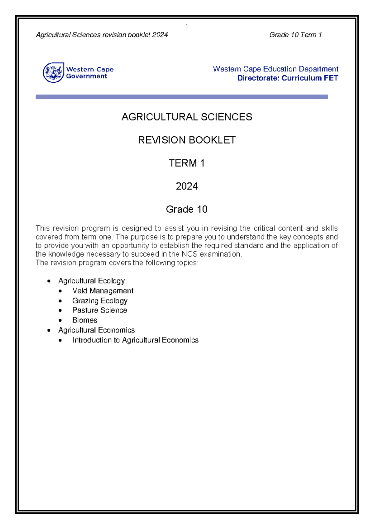 Agricultural Sciences Gr 10 Term 1 Revision Guide 2024 - Studocu