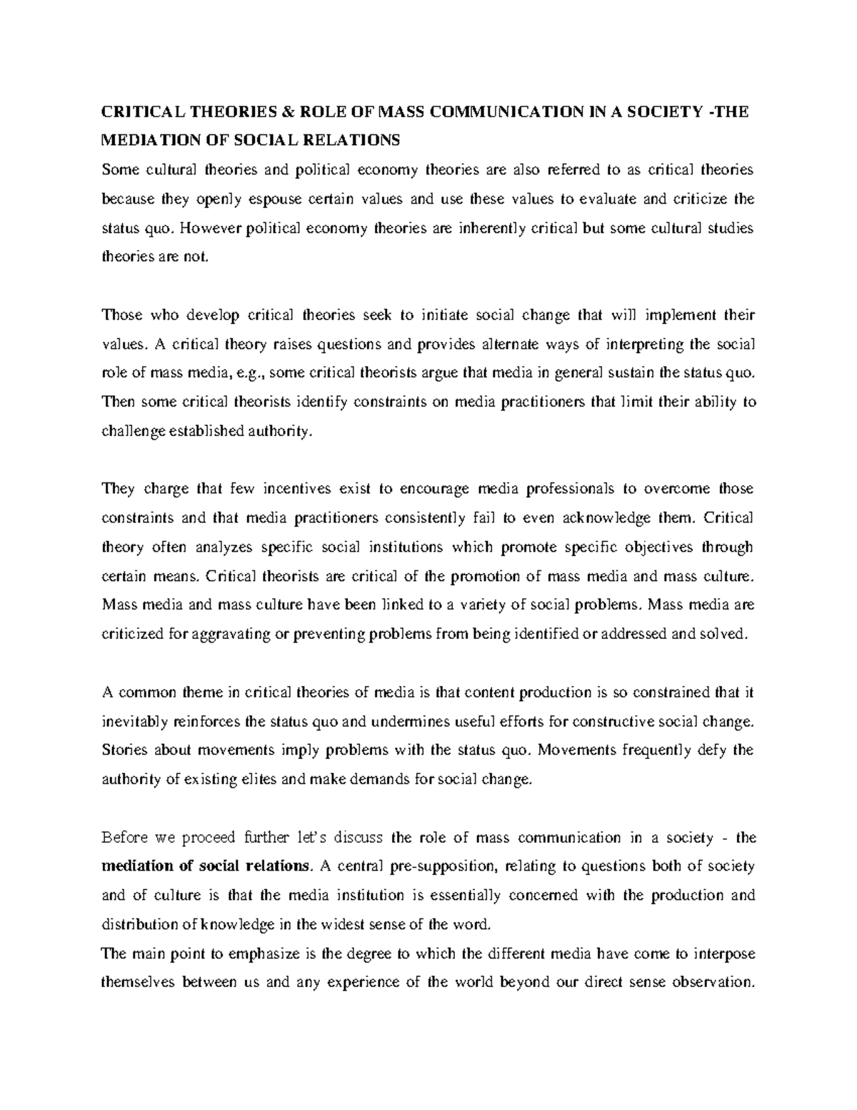 Critical Theories in Mass Communication: Understanding Social Roles ...