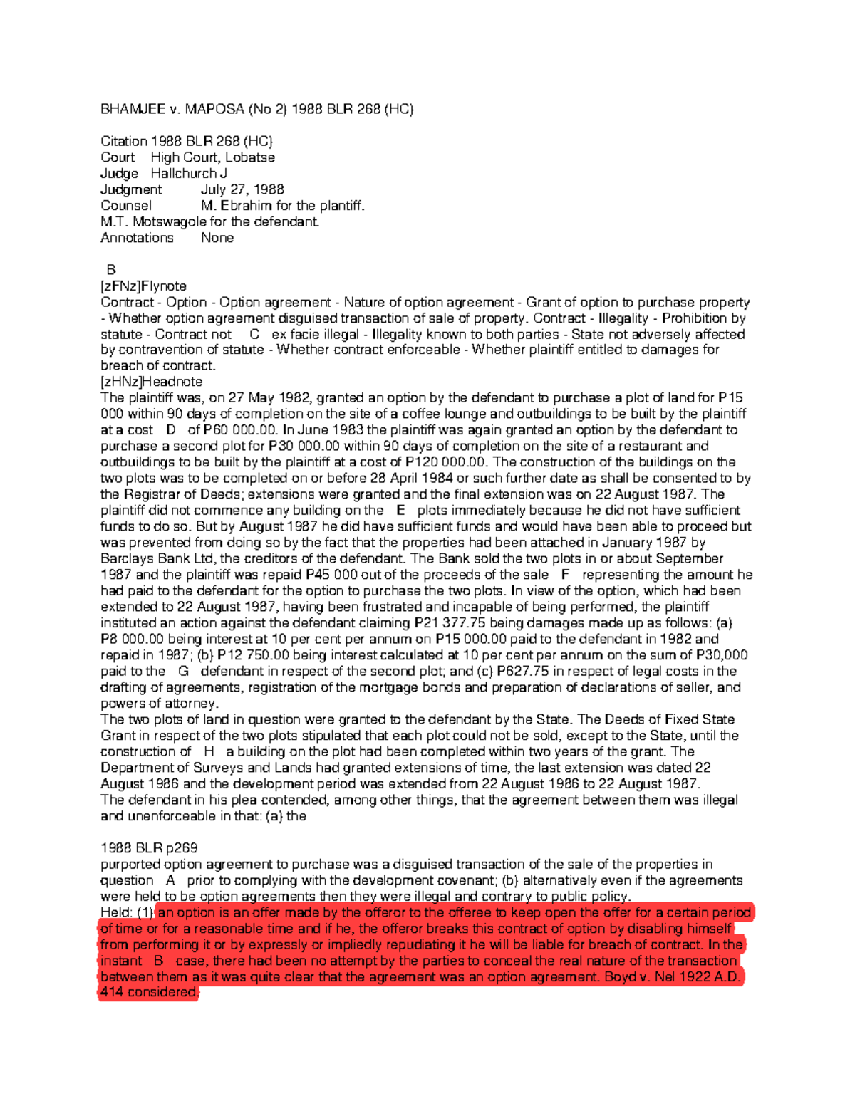 Bhamjee vs Maposa: Analysis of Irrevocable Offers and Options (1988 ...