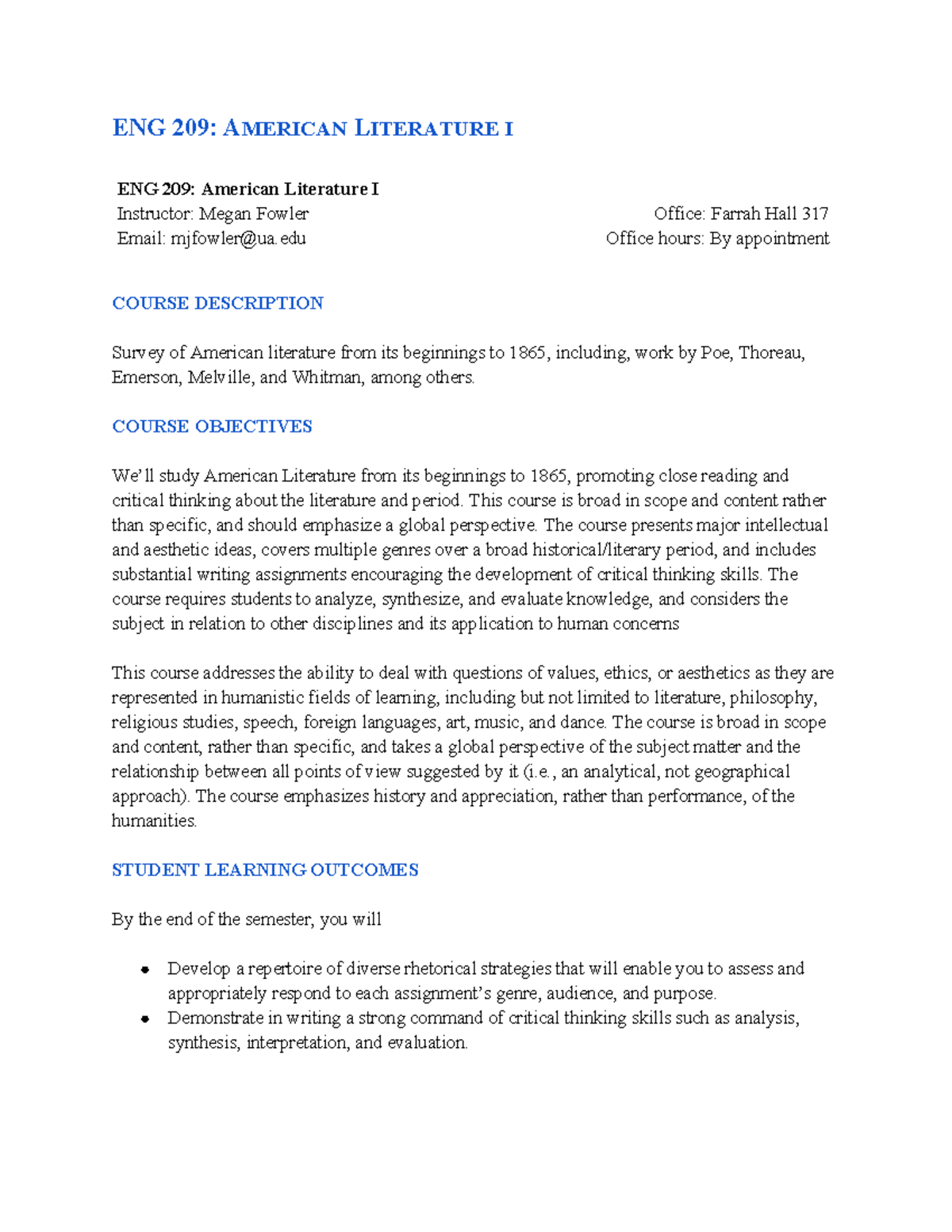 ENG 209: American Literature I Syllabus - Spring 2024 by Megan Fowler ...