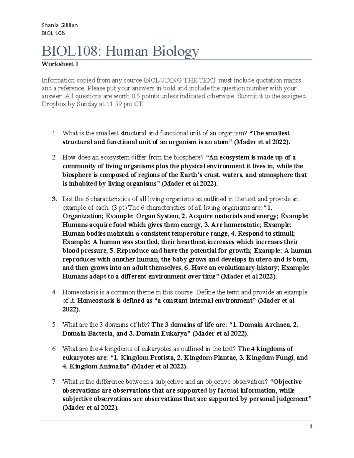 BIOL108 Week1 Worksheet - BIOL 108 BIOL108: Human Biology Worksheet 1 ...