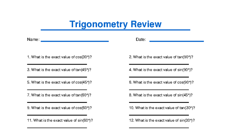 Trigonometry Review - Practice Questions and Answers - Studocu