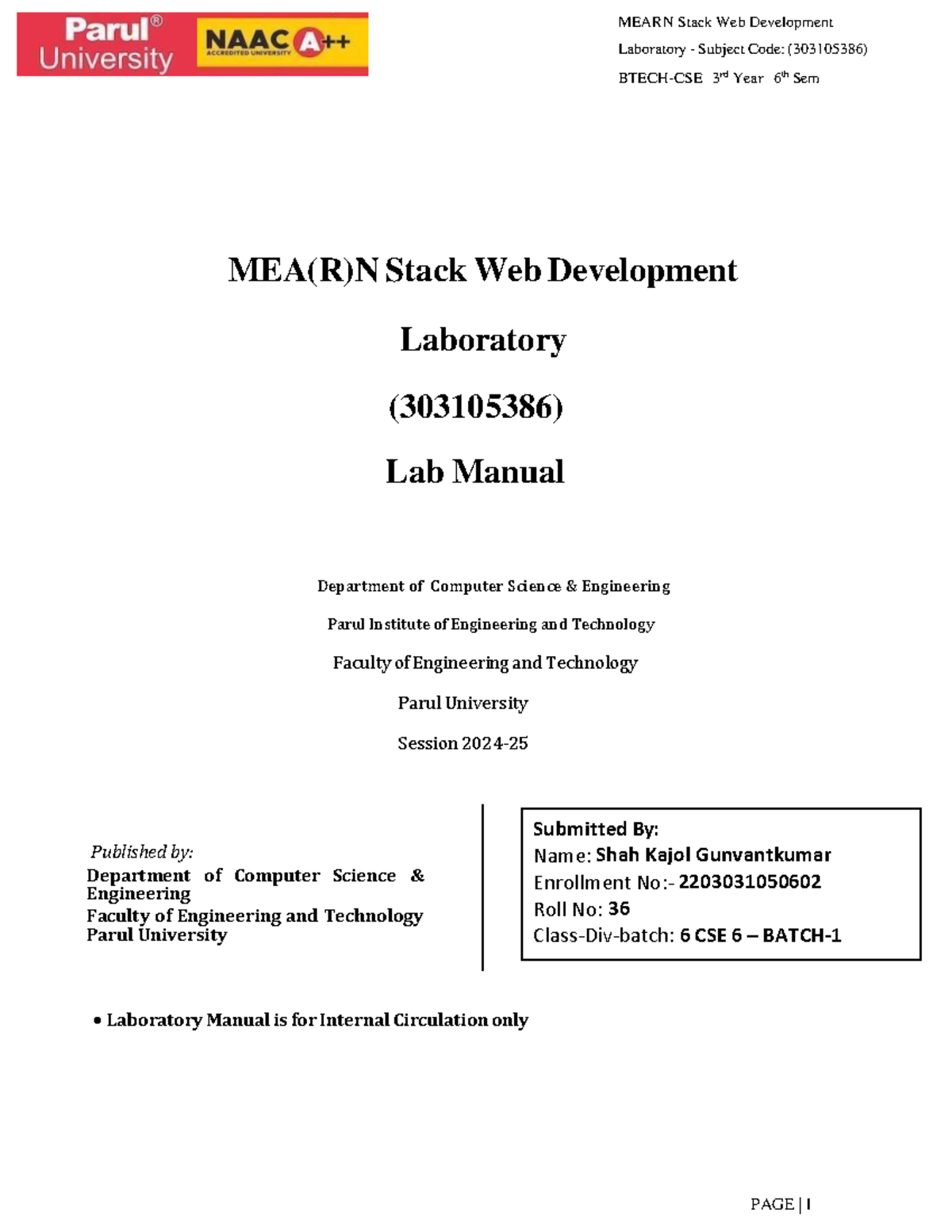 MEARN Stack Web Dev Lab Manual - Subject Code 303105386 - Studocu