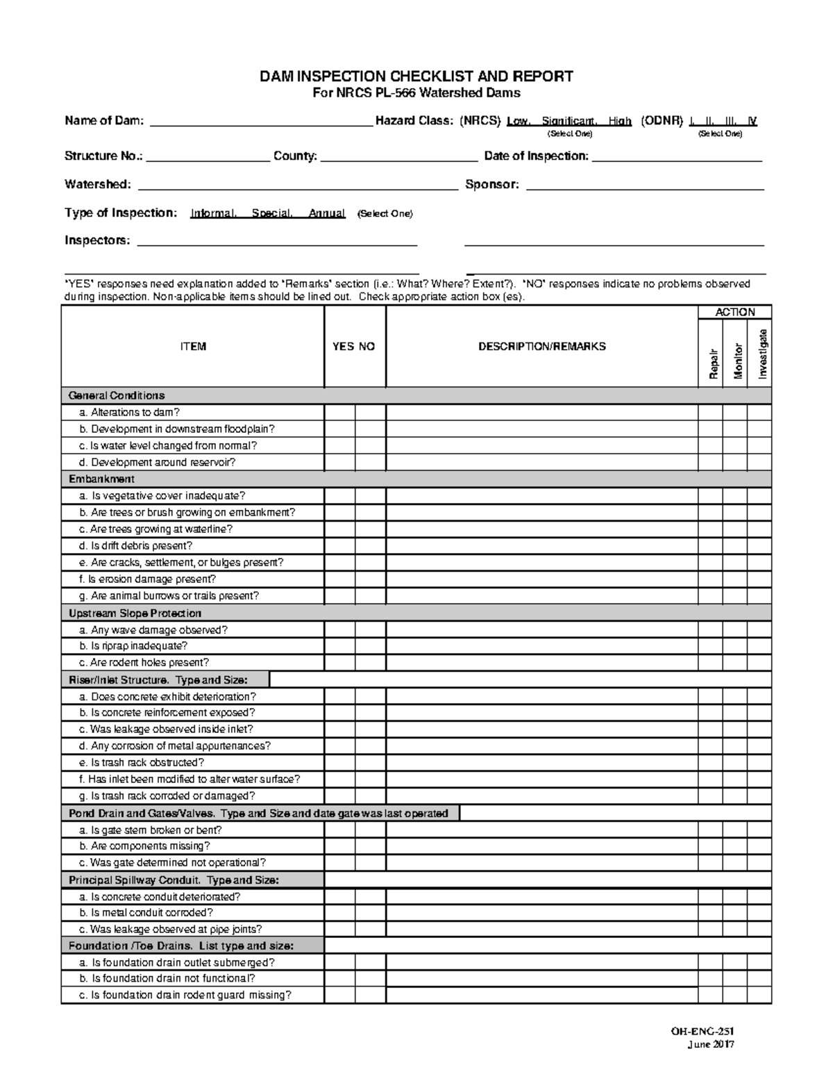 Dam Inspection Checklist & Report for NRCS Watershed Dams - Studocu