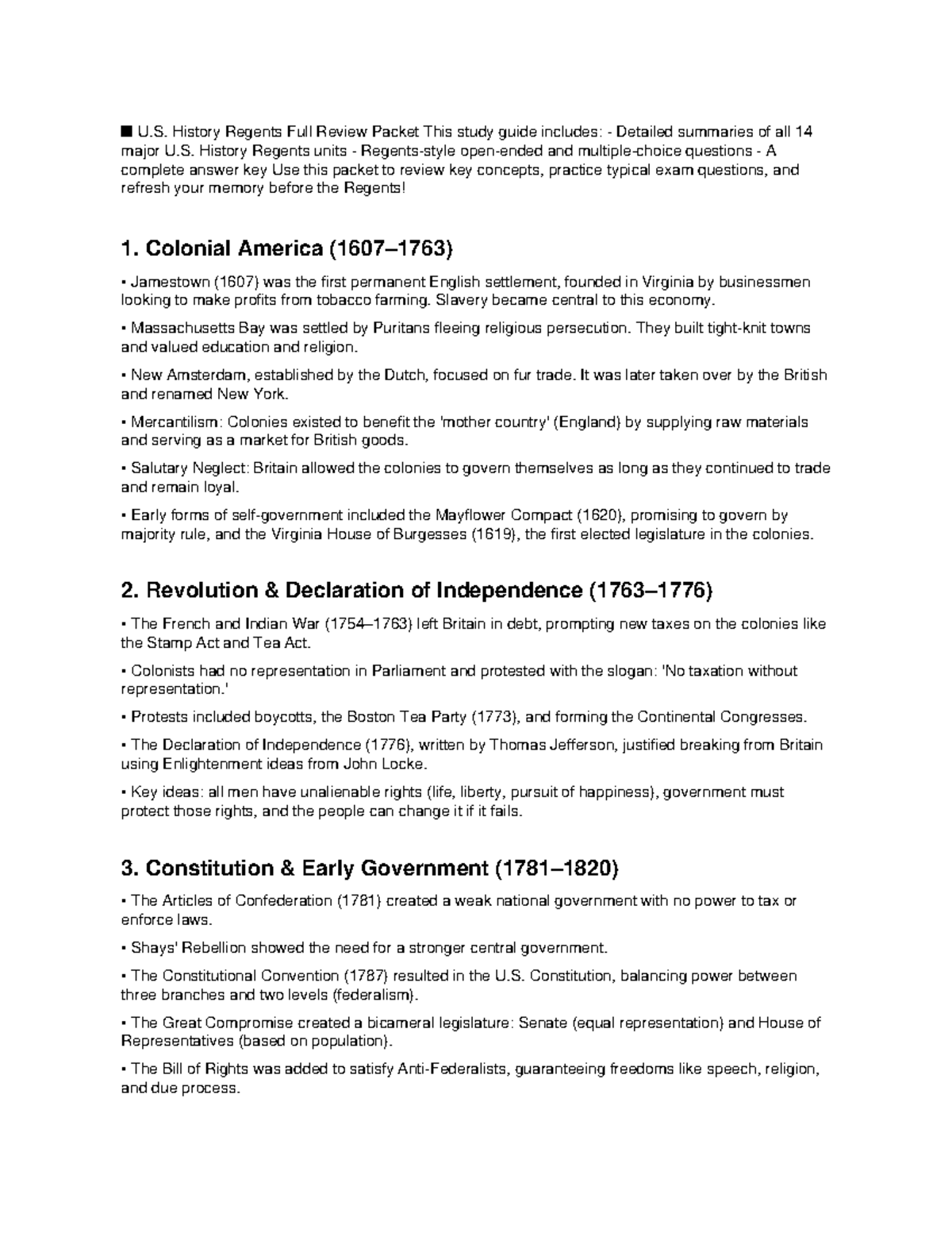 U.S. History Regents Comprehensive Review Packet: Key Concepts & Practice - Studocu