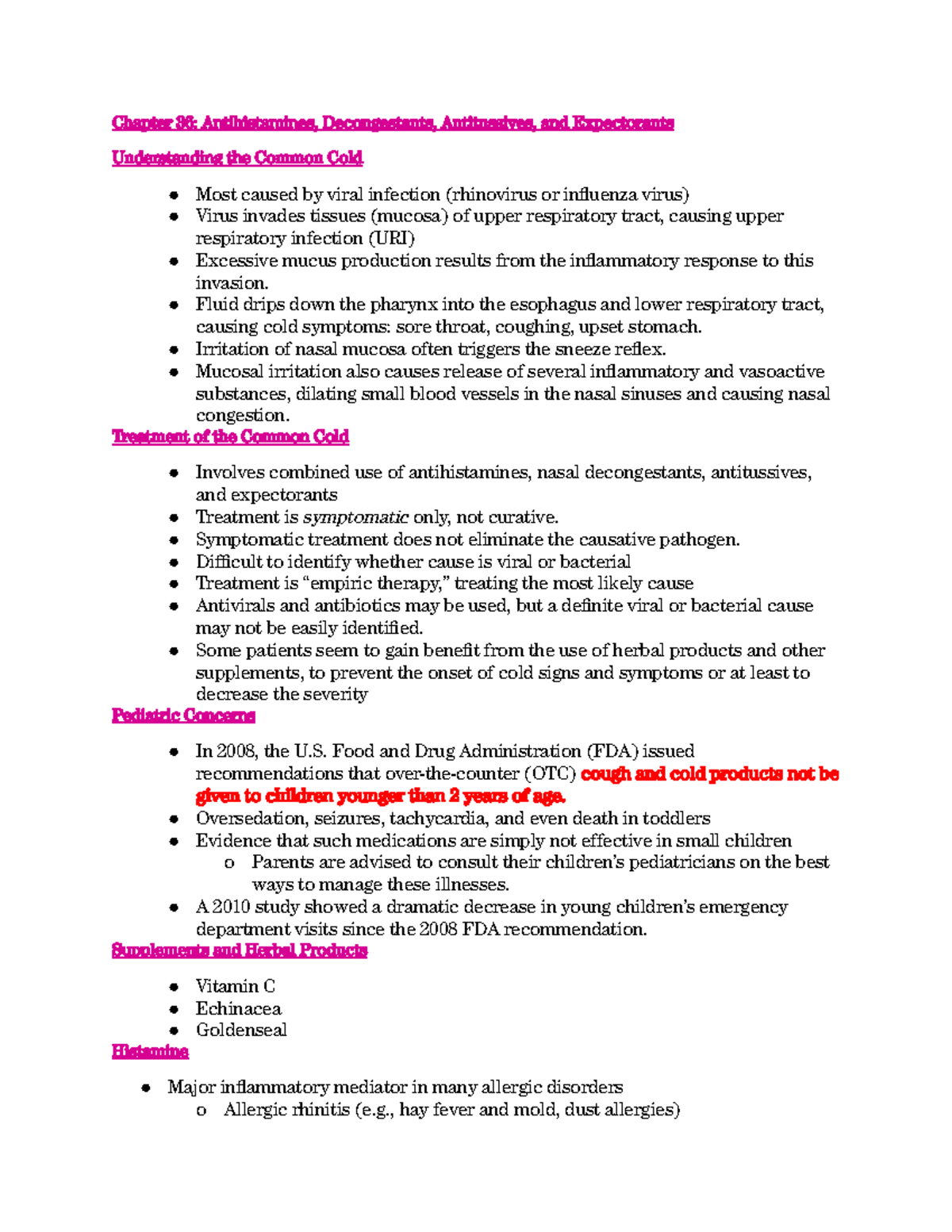 Chapter 36 Antihistamines, Decongestants, Antitussives, and Expectorants - Chapter 36: - Studocu