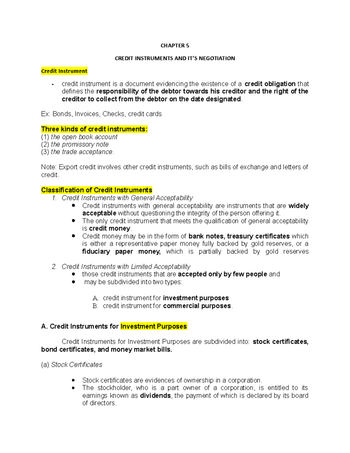Chapter 5: Credit Instruments & Negotiation Overview (Finmar) - Studocu