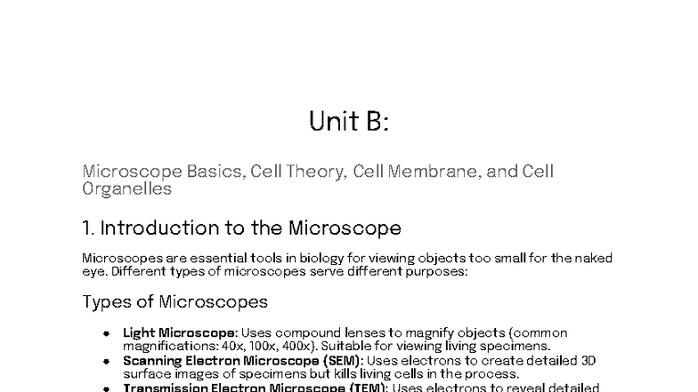 Unit B: Microscope Basics & Cell Theory Overview - Studocu