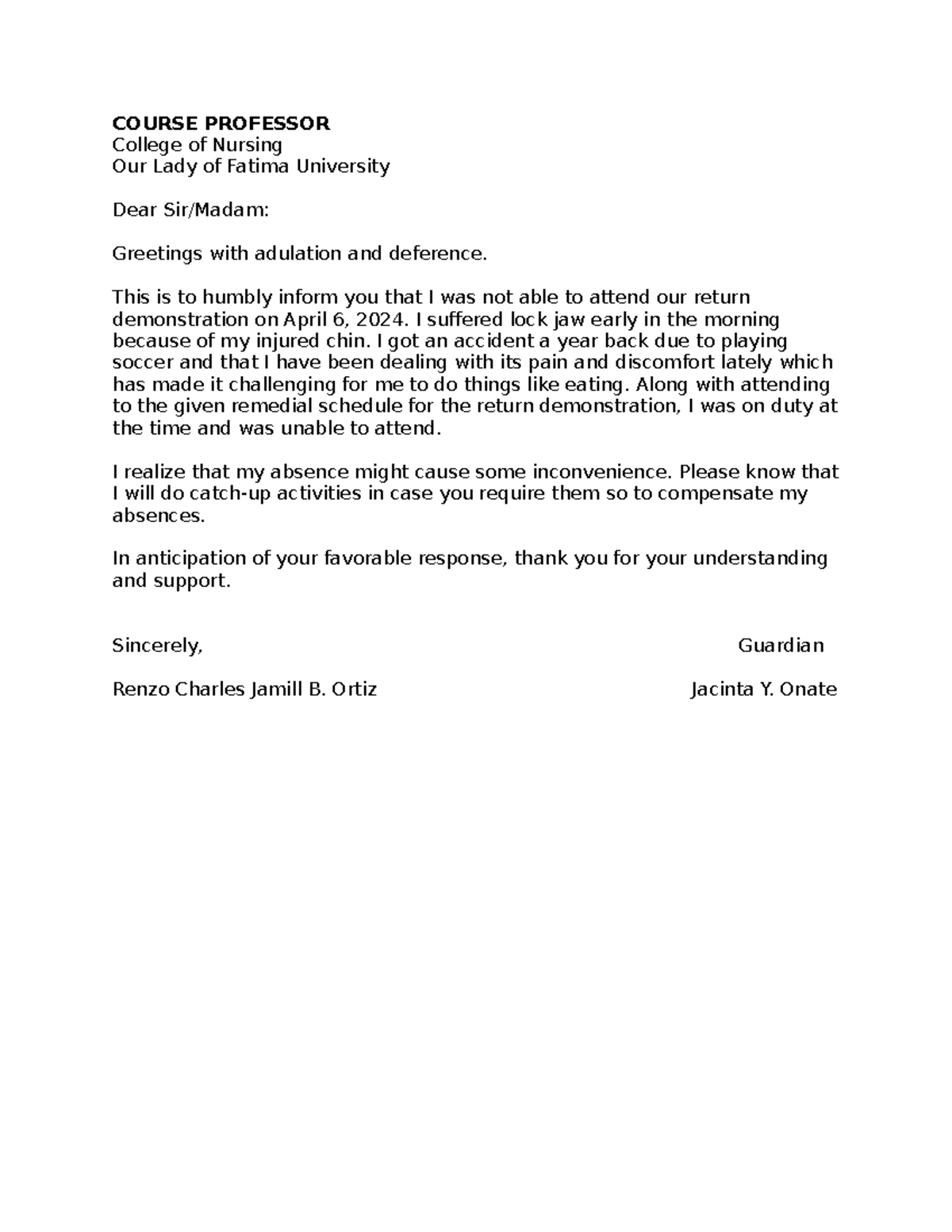Letter of Absence Notification - Nursing Course - Studocu