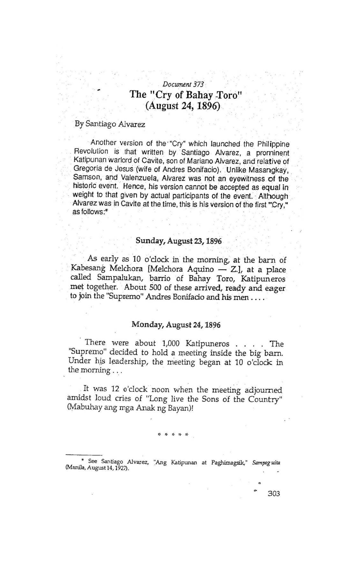 The Cry of Bahay Toro: Santiago Alvarez's Account of 1896 - Studocu