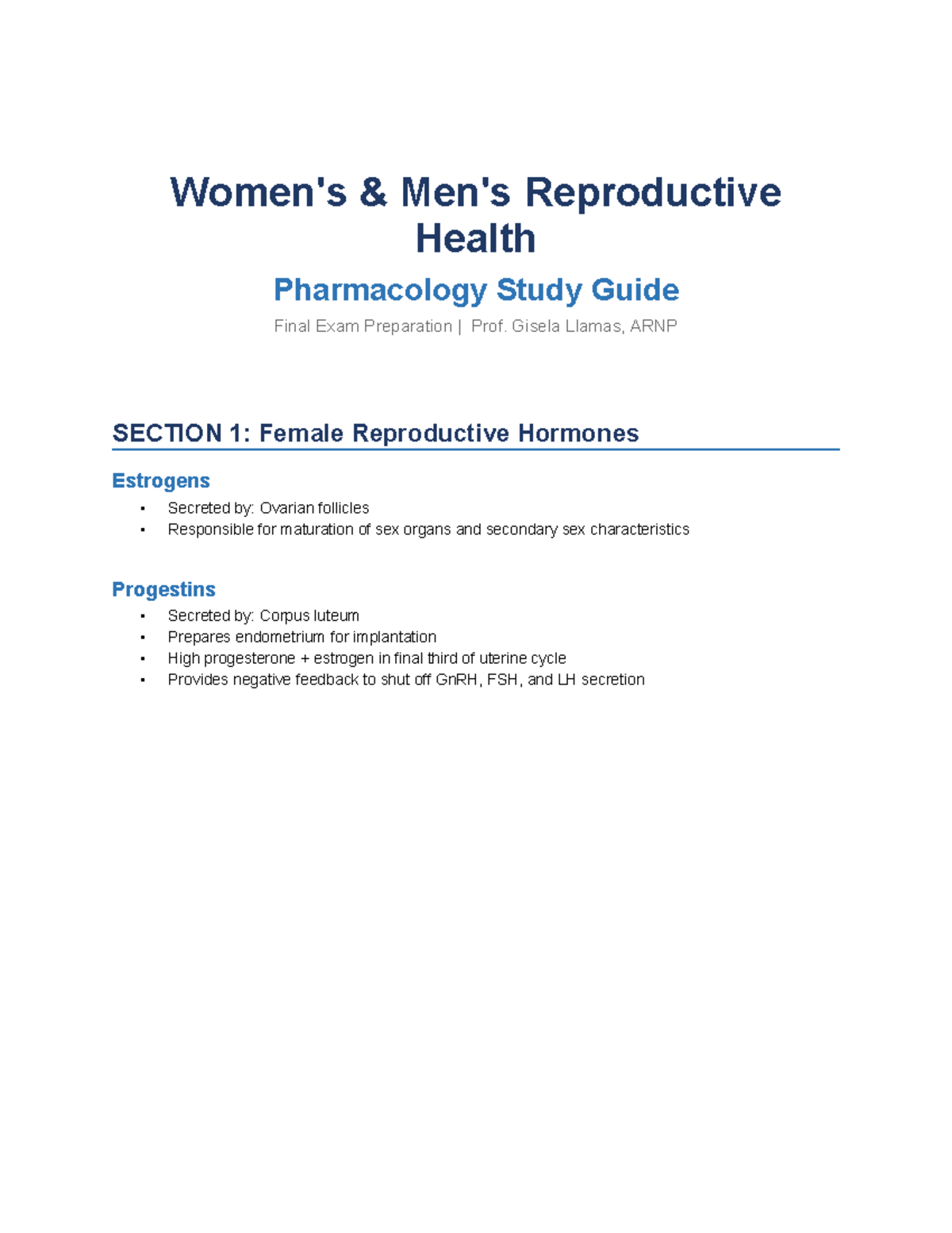 Reproductive Health Pharmacology Study Guide: Final Exam Prep - Studocu