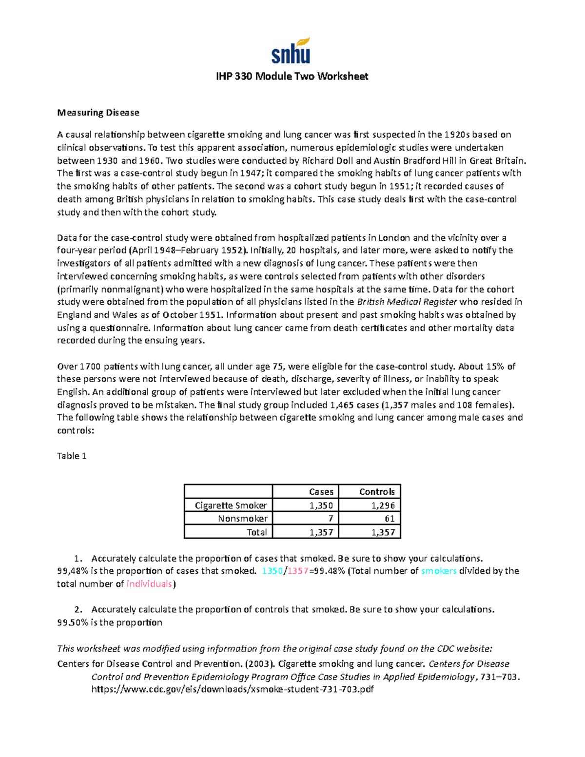 IHP 330 Module Two Worksheet: Smoking and Lung Cancer Analysis - Studocu