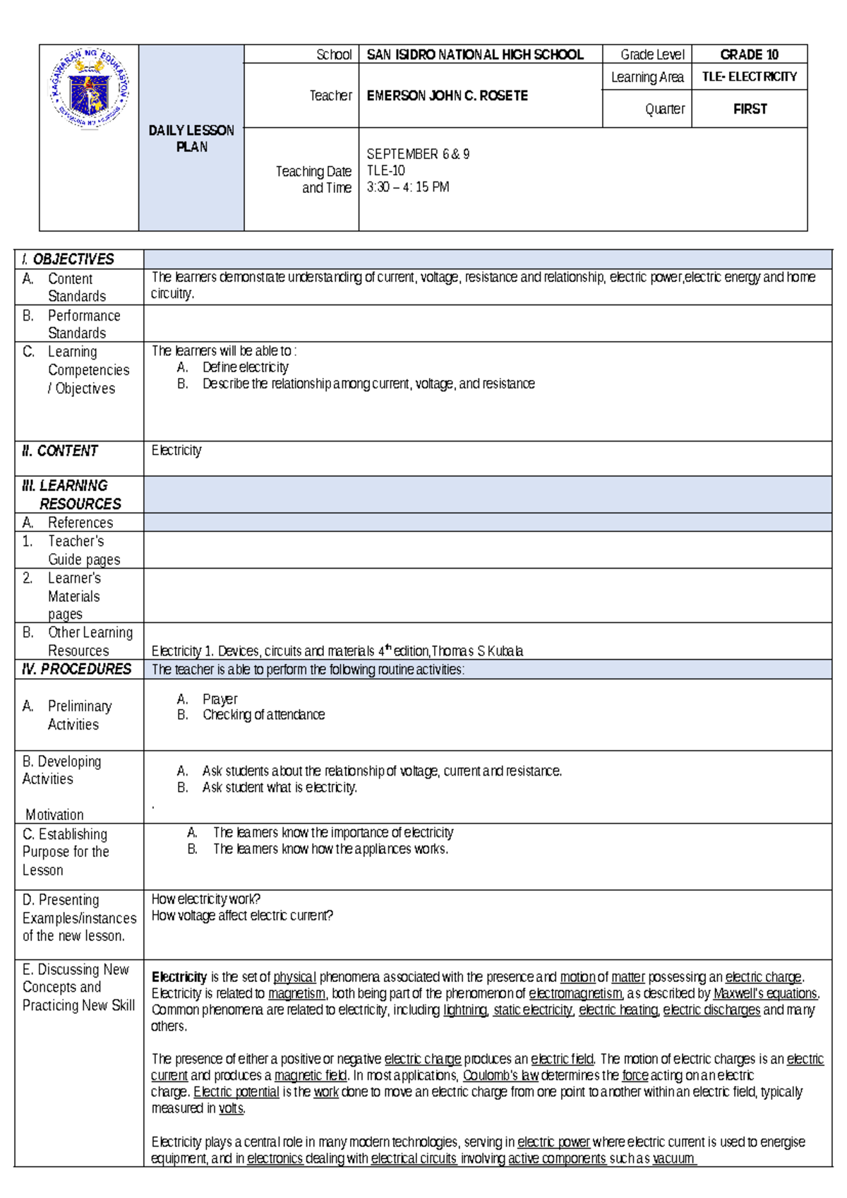 TLE-10 Lesson Plan for Electricity - September 6 & 9 - Studocu