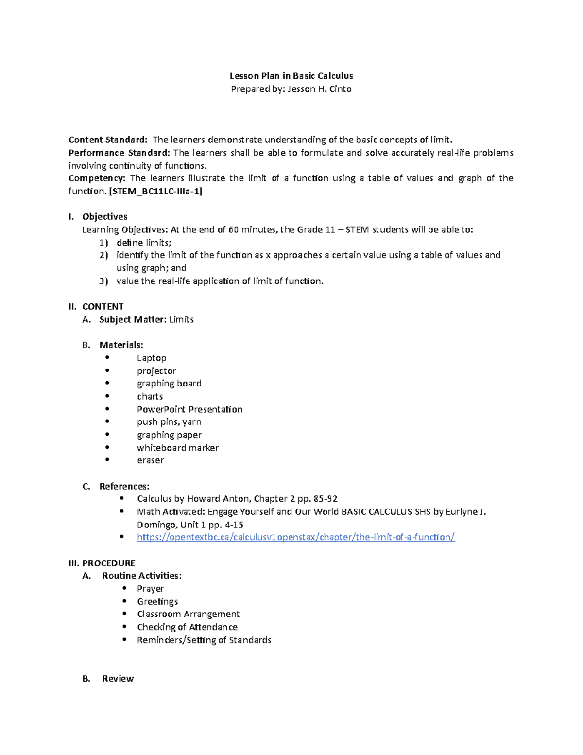 Lesson-Planning - sample of lesson for grade 11 students - Lesson Plan ...