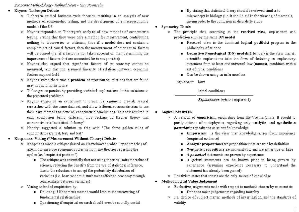 Economic Methodology: Key Concepts and Theories Notes - Studeersnel