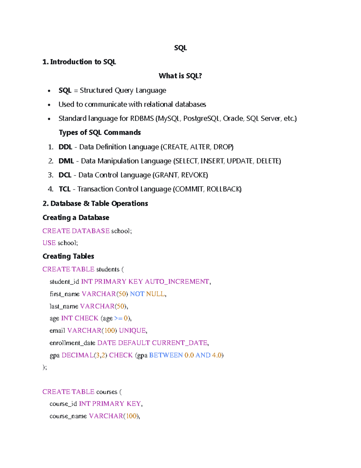 SQL 1: Intro to SQL & Database Operations Overview - Studocu