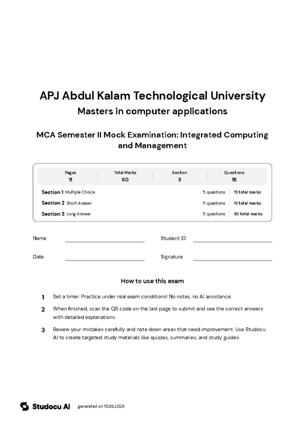 MCA Sem II Mock Exam: Integrated Computing & Management - Studocu