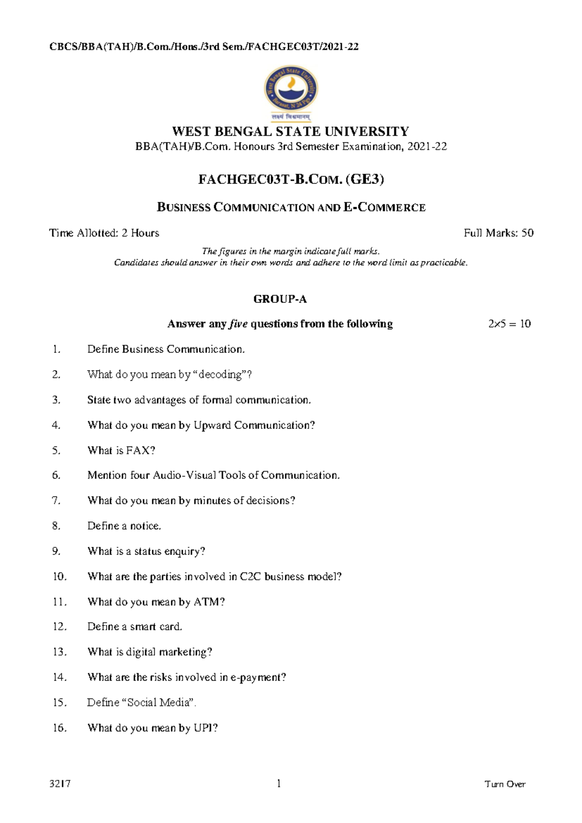 WBSU Honours 3rd Sem GE3 Business Communication Exam Guide - Studocu