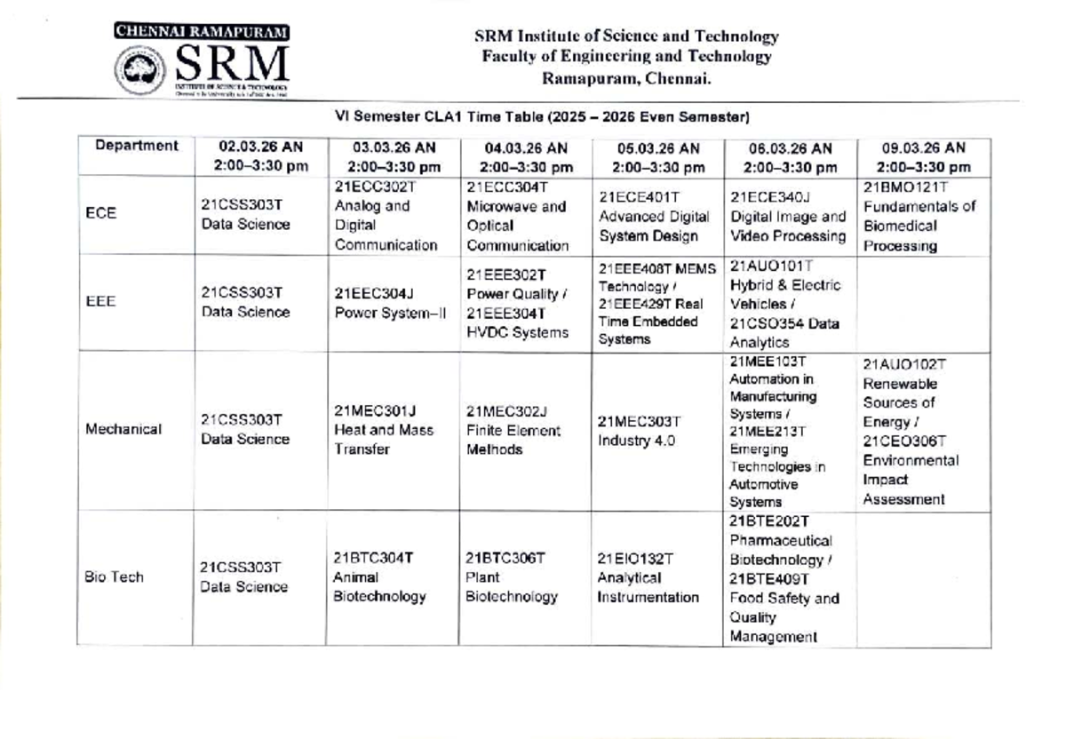 SRM Institute CLA1 2025-26 Time Table for Engineering Courses - Studocu