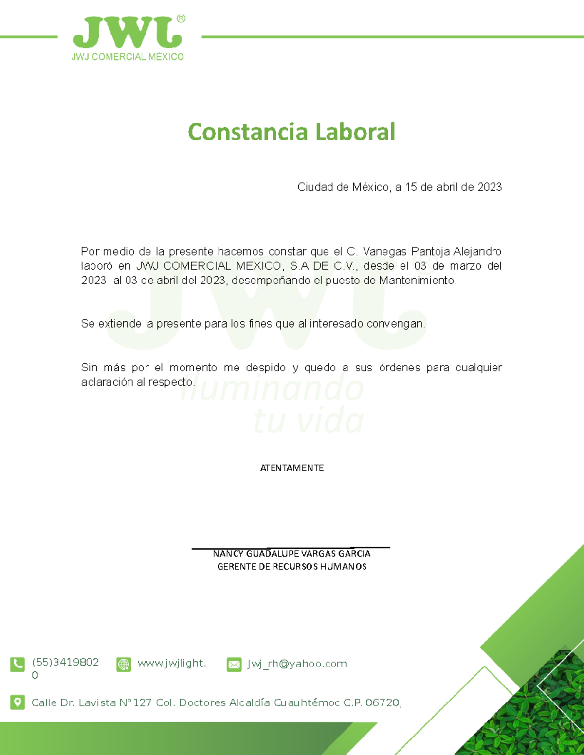 Constancia Laboral Machote - Constancia Laboral Ciudad de México, a 15 ...
