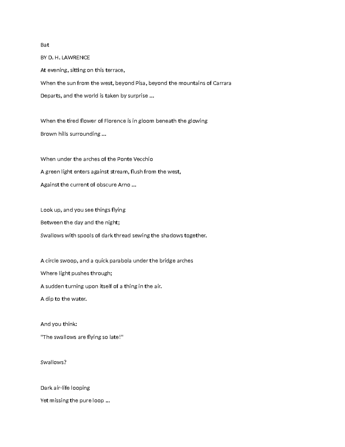 Analysis and Themes of "Bat" by D. H. Lawrence - Poem Review - Studocu