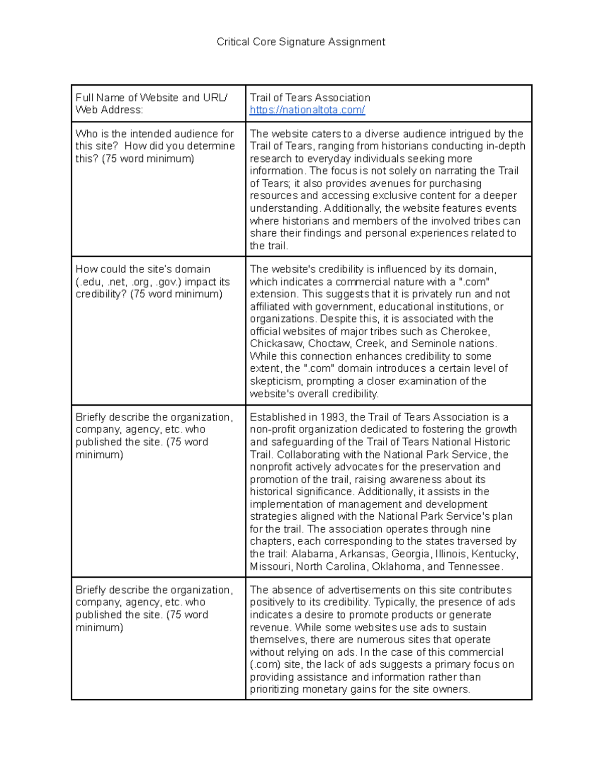 Critical Core Signature Assignment - Trail of Tears Analysis - Studocu