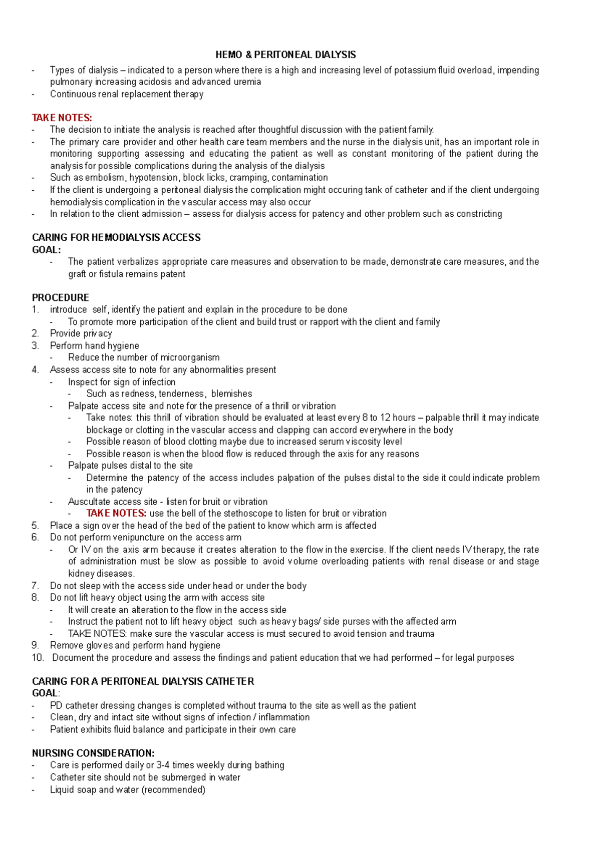 Hemo & Peritoneal Dialysis CBG Monitoring Notes and Procedures - Studocu