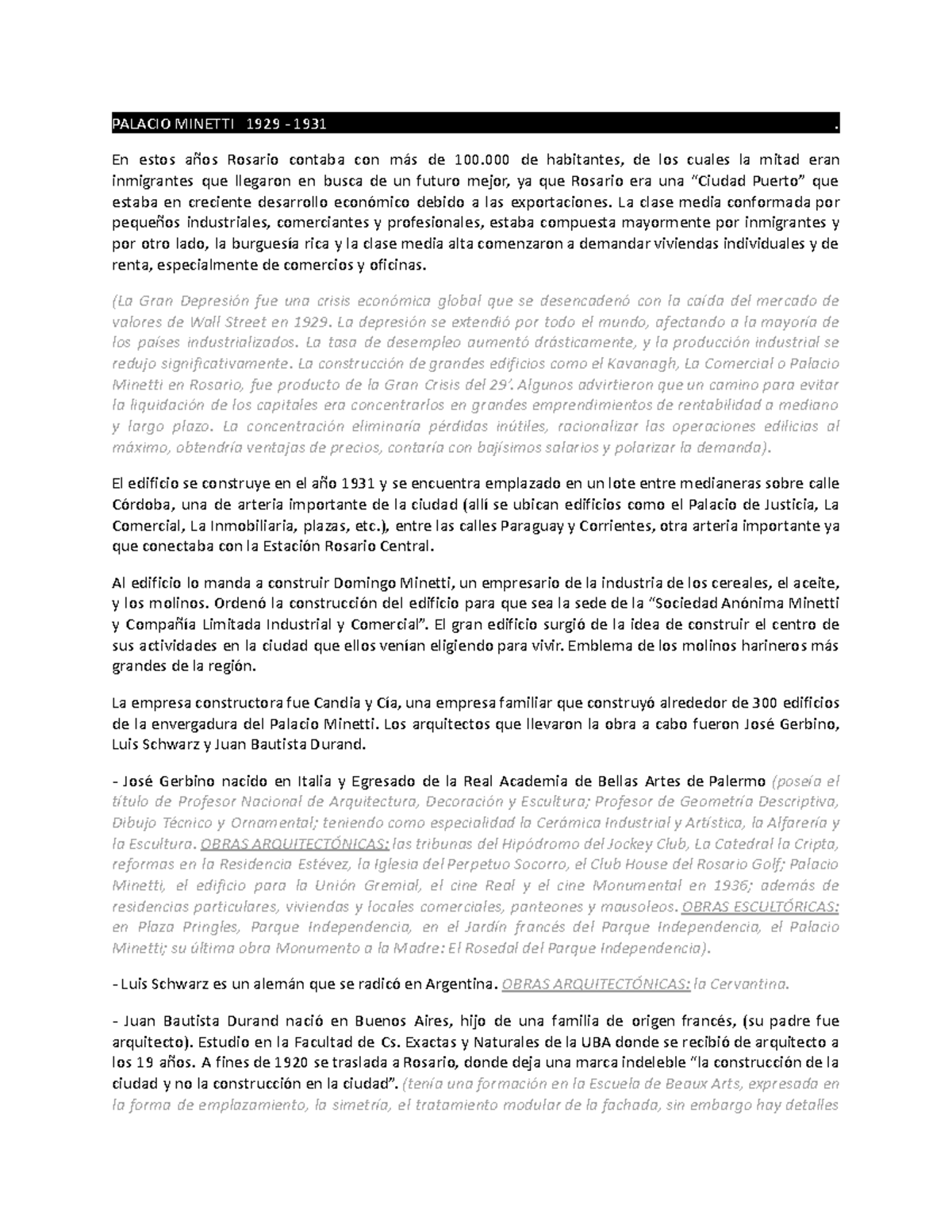 Resumen de la Historia de Rosario: Palacio Minetti 1929-1931 - Studocu