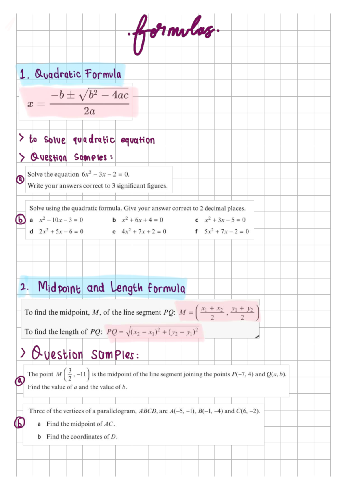 I A 2a Quadratic Equations & Midpoint Formulas Notes - Studocu