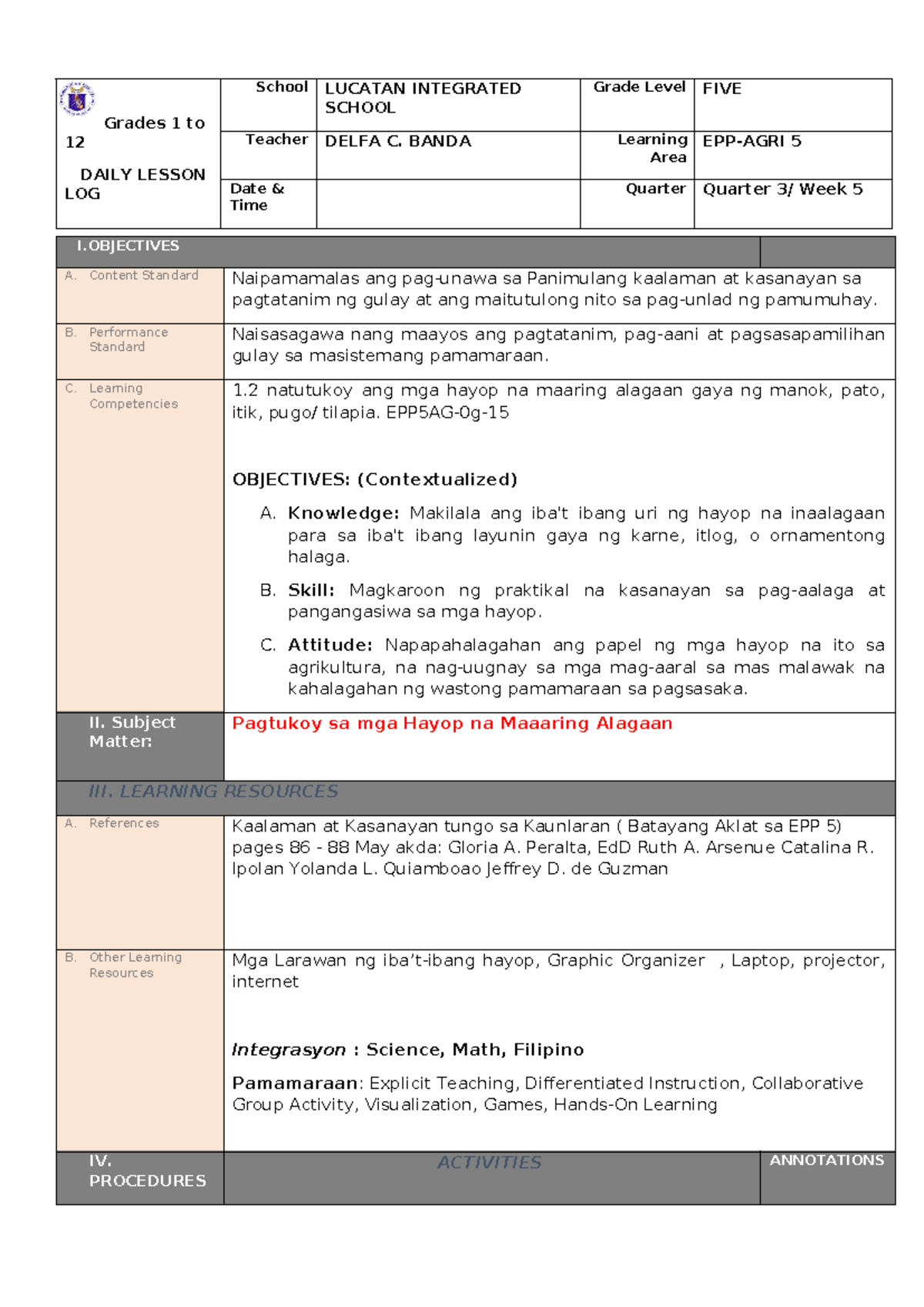 COT agri grd 5 wek 3 mga hayop - Grades 1 to 12 DAILY LESSON LOG School ...