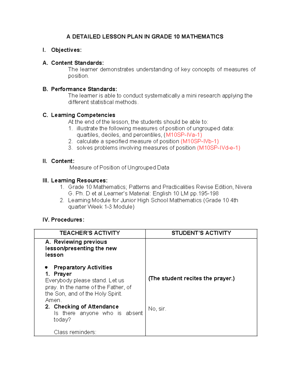 DLP-MATH-10: Detailed Lesson Plan on Measures of Position in Statistics ...